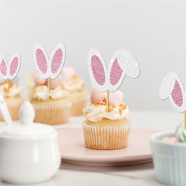 Easter Bunny Cupcake Toppers, 36 Pack (3 Sets of 12), Glitter Bunny Ear Cake Picks for Easter ...