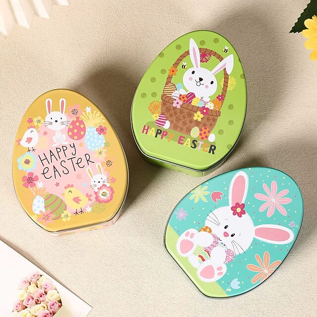 Easter Cartoon Rabbit Tin Box, Tin Can, Easter Egg Flat Egg Shaped ...