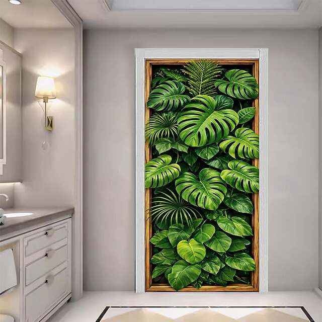 Tropical Leaf Pattern Door Cover 3D Optical Illusion 2D Flat Print ...