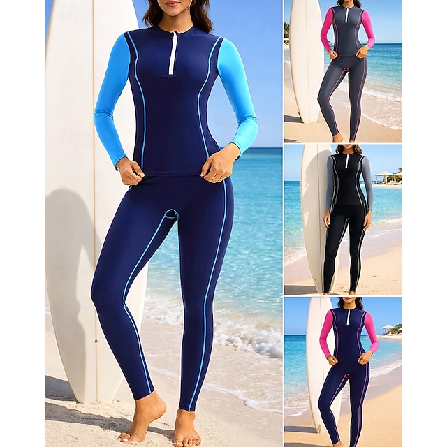 Women's Rash Guard Bathing Suit 2 Pieces Patchwork Full-Length Leg UV ...