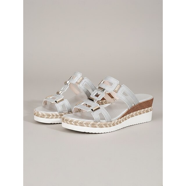 Women's Silver Glitter Cutout Wedge Sandals with Espadrille Trim ...