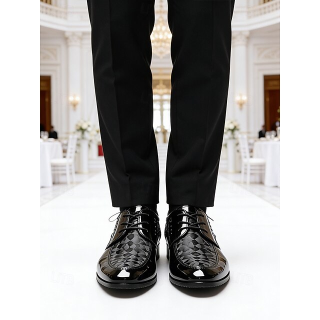 Men's Black Patent Faux Leather Dress Shoes, Glossy Upper with Lace-Up ...
