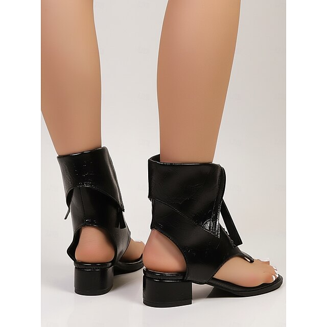 Women's Black Faux Leather Zip-Front Gladiator Sandals - Edgy Low Block ...