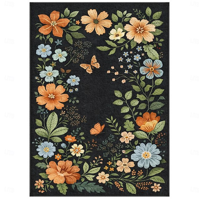 Floral Area Rug Black Background with Vibrant Colorful Blossoms and ...
