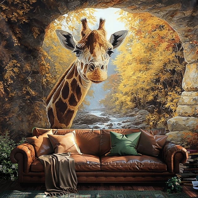 3D Giraffe Tapestry Wall Hanging Animal Art Nature Landscape Cave Arch ...