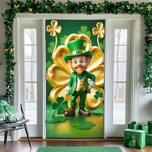 St. Patrick's Day Posters Door Cover Outdoor Banners Leprechaun Cute 3D ...