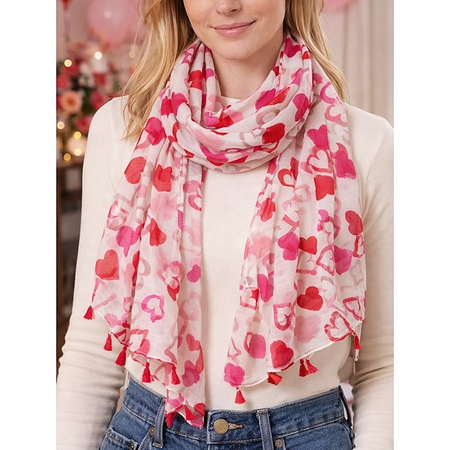 Women's Lightweight Polyester Heart Print Scarf with Tassels, Soft ...