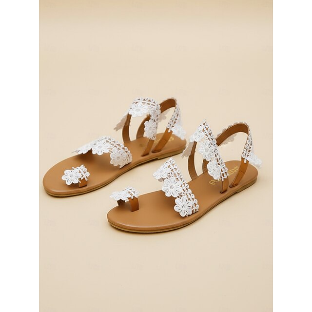 Women's Ivory White Lace Flat Sandals, Elegant Boho Bridal Shoes for ...