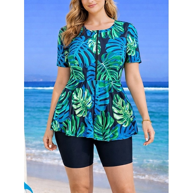 Women's Bathing Suit 2 Pieces Plus Size Swimsuits Tropical Zip Up Ultra ...