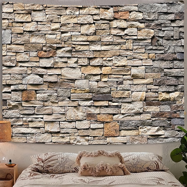 Stone Wall Tapestry 3D Faux Brick Wall Hanging Rustic Stacked Rock ...