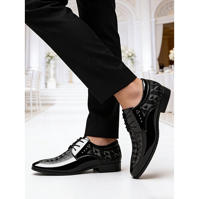 Men's Black Patent Faux Leather Dress Shoes, Glossy Upper with Lace-Up ...