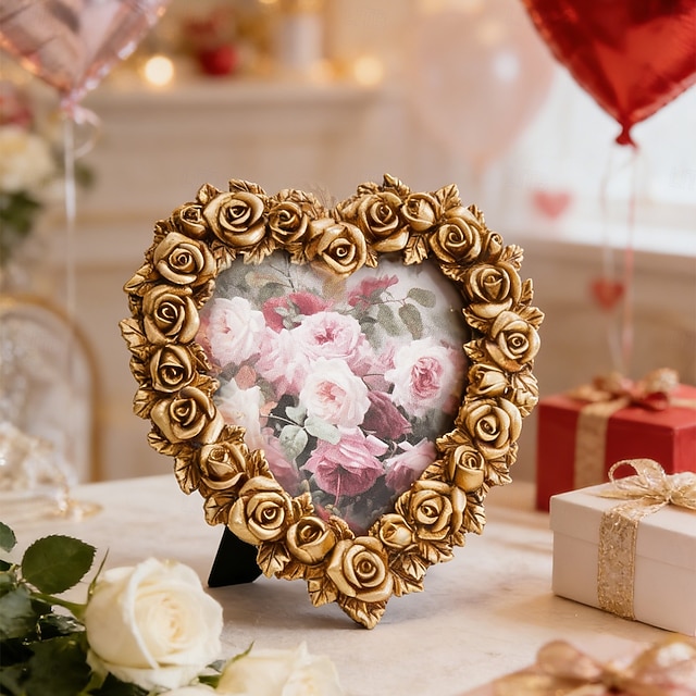 Gold Floral Rose Heart Photo Frame, Resin Heart-Shaped Picture Frame ...