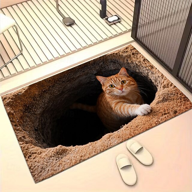 Ginger Cat Peeking from Hole 3D Optical Illusion Doormat 2D Flat Print ...