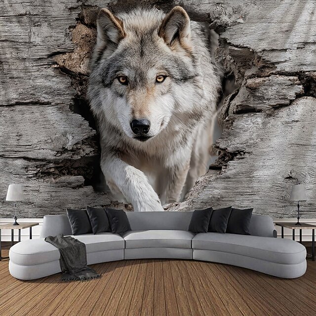 3D Wolf Tapestry Wall Hanging Realistic Timber Wolf Emerging From Wood ...