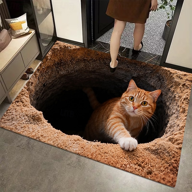 Ginger Cat Peeking from Hole 3D Optical Illusion Doormat 2D Flat Print ...