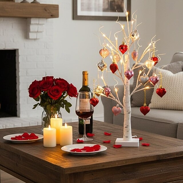 Valentine's Day Decor Lighted Birch Tree with Heart Ornaments, Romantic ...