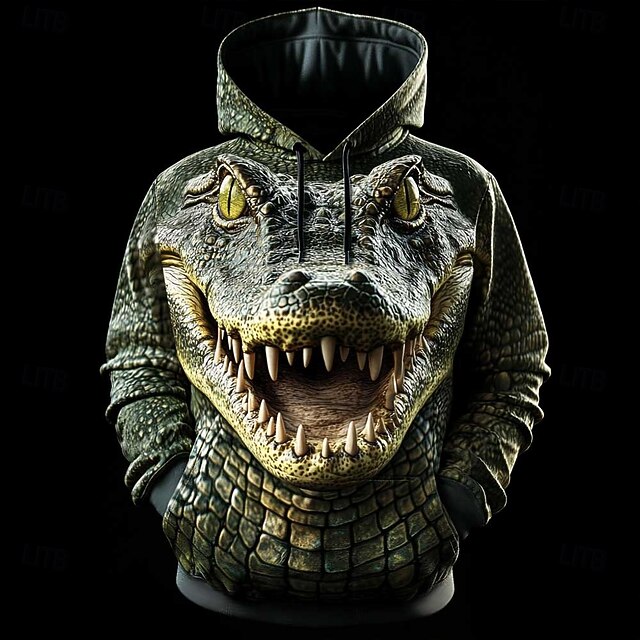 Mens Pullover Hoodie 3D Crocodile Graphic Print Realistic Alligator ...