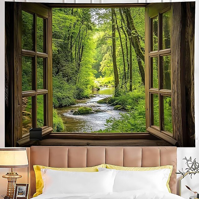 3D Window View Tapestry Forest River Landscape Green Trees Nature Wall ...