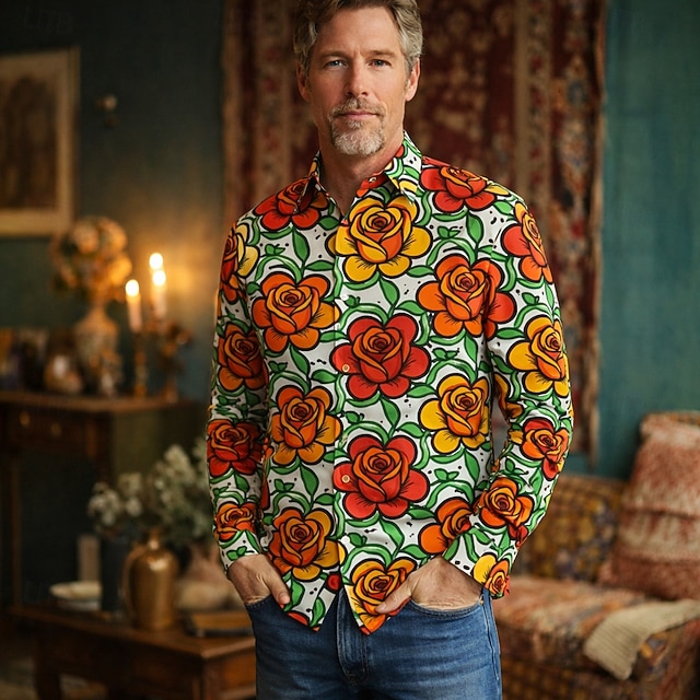 Retro Vintage 1970s Shirt Aloha Shirt Long Sleeves Hippie Floral Fancy ...