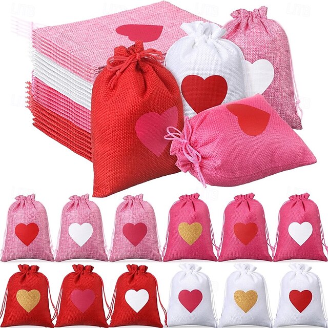 12pcs Valentine's Day Fabric Drawstring Gift Bags, Love-Shaped, Mixed ...