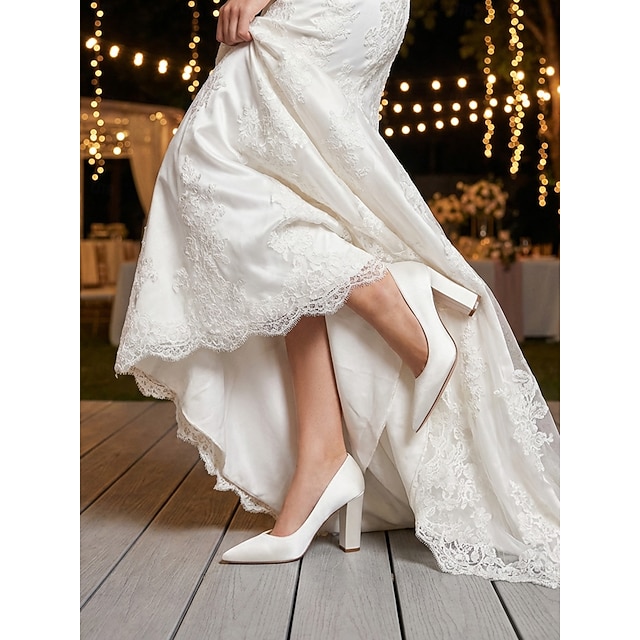 Women's Ivory Satin Block Heel Pumps, Elegant Minimalist Bridal Shoes ...