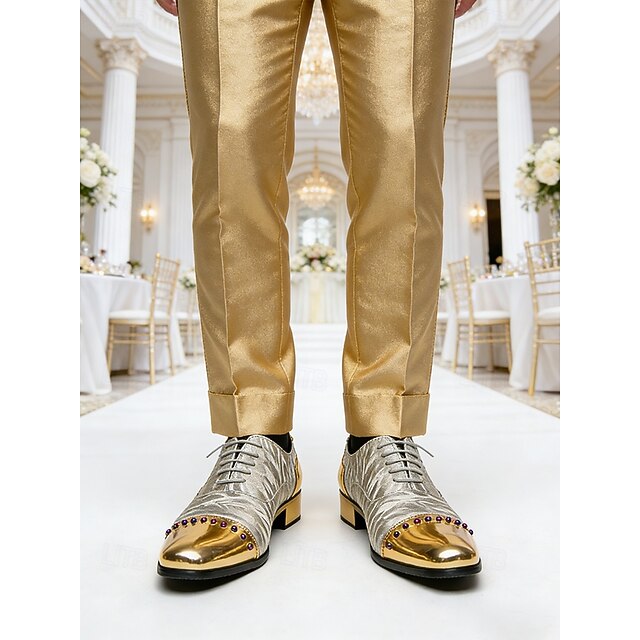 Men's Gold Mirror Finish Formal Shoes with Metallic Detailing, Luxury ...