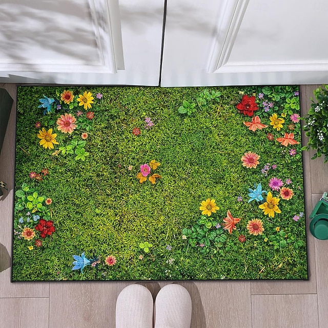 St Patrick's Day Doormat Green Grass Design with Vibrant Flowers ...