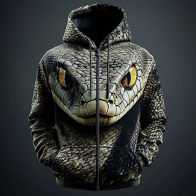 3D Realistic Snake Head Graphic Hoodie Mens Full Zip Sweatshirt Orange ...