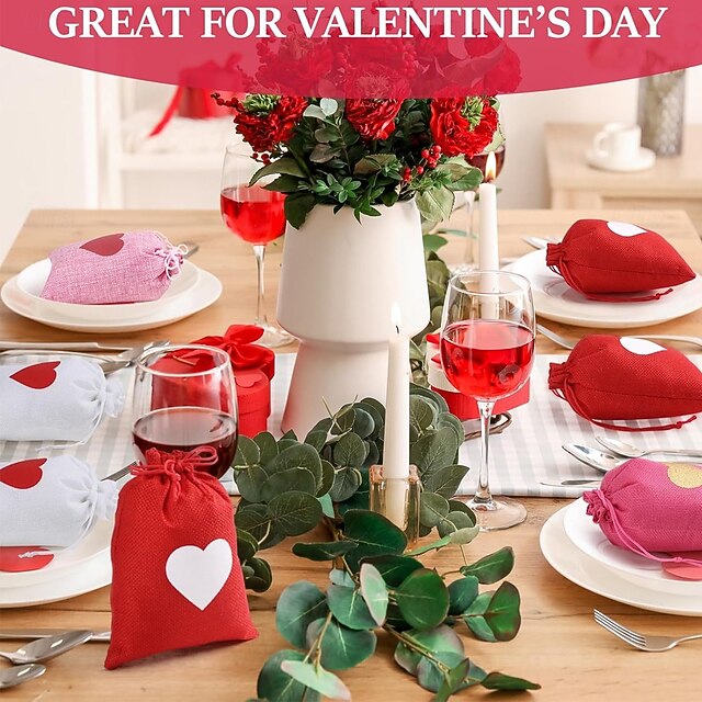 12pcs Valentine's Day Fabric Drawstring Gift Bags, Love-Shaped, Mixed ...