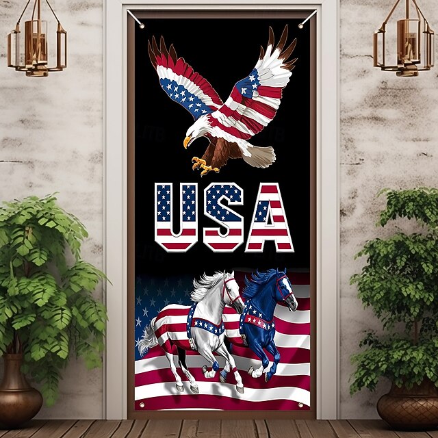 Independence Day USA Patriotic Door Banner American Flag Eagle Horse ...