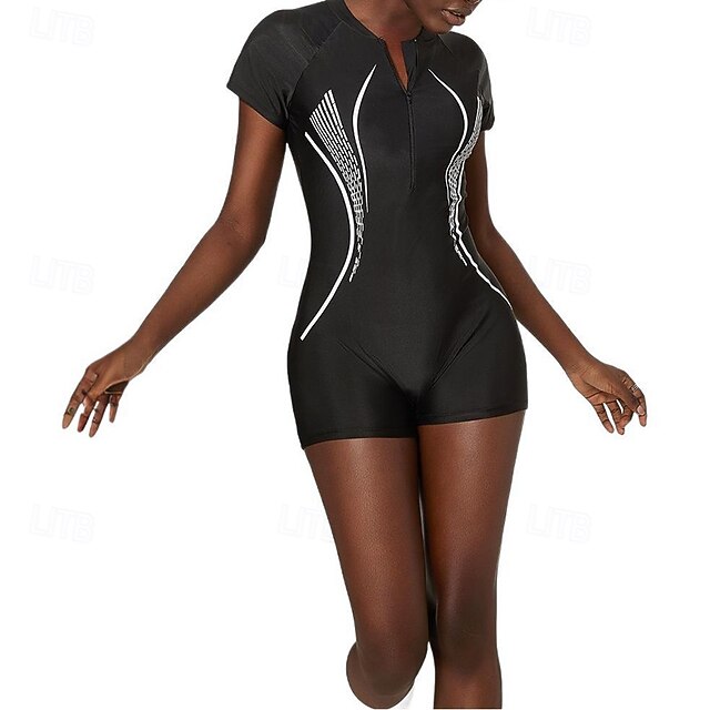 Women's Rash Guard One Pieces Patchwork Zip Up Boyleg Brief Leg UV ...