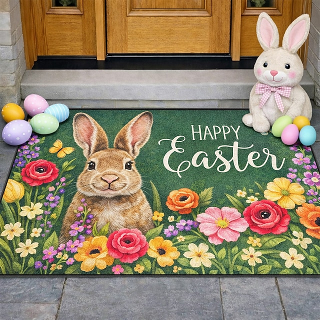 Easter Doormat Featuring Cute Bunny Surrounded by Vibrant Flowers and ...