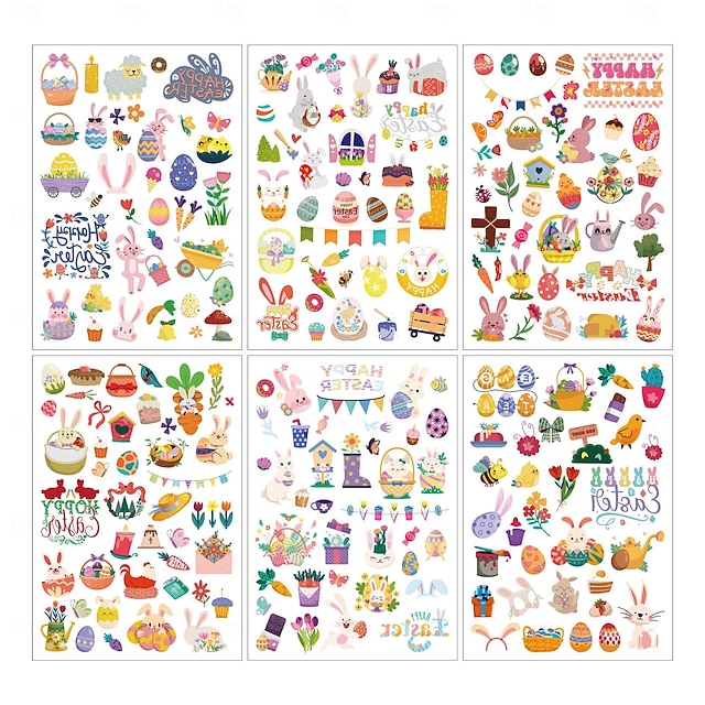 Easter Temporary Tattoos for Kids, 6 Sheets, Cute Bunny & Egg Face ...
