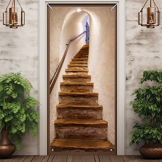 Rustic Staircase Door Cover 3D Optical Illusion 2D Flat Print for ...