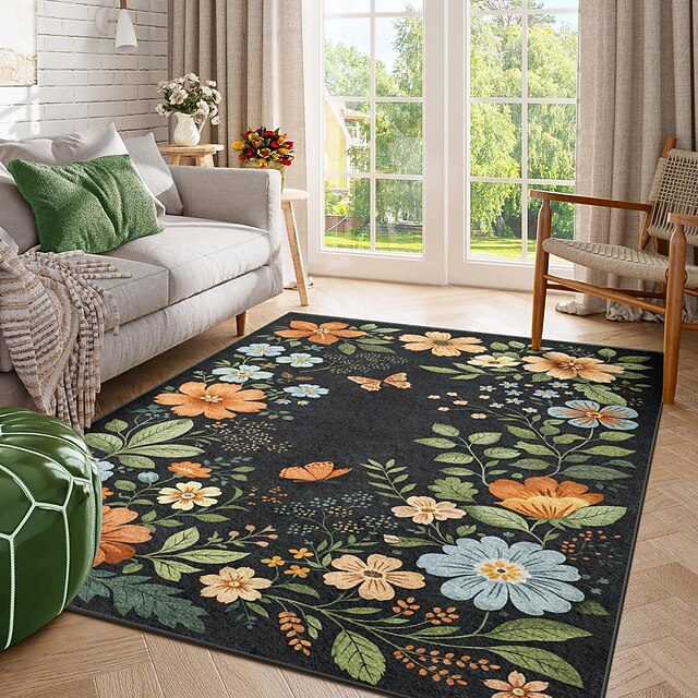 Floral Area Rug Black Background with Vibrant Colorful Blossoms and ...