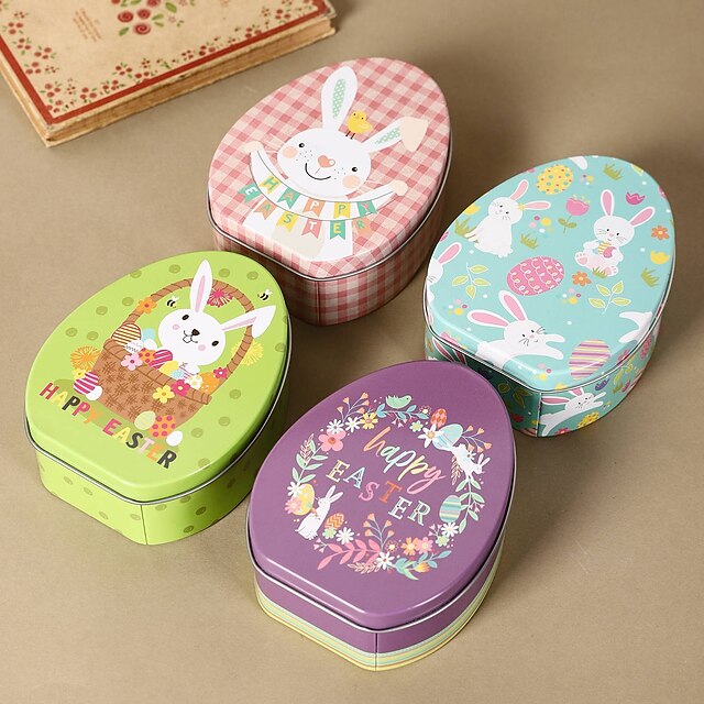 Easter Cartoon Rabbit Tin Box, Tin Can, Easter Egg Flat Egg Shaped ...