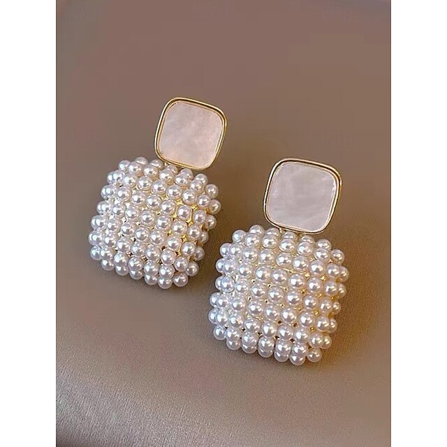 Women's Faux Pearl Square Drop Earrings, Elegant Geometric Statement ...