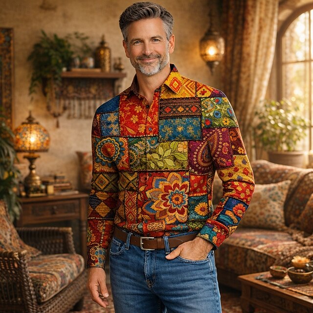Retro Vintage 1970s Shirt Aloha Shirt Long Sleeves Hippie Ethnic Fancy ...