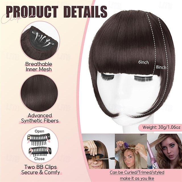 Clip in Bangs Synthetic French Bangs Hair Clip Medium Brown Fake Bangs ...