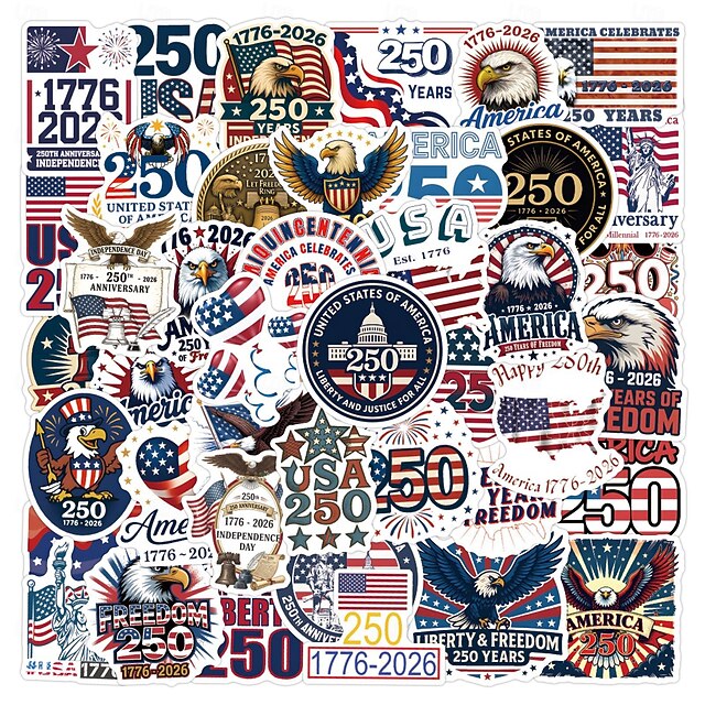 55Pcs Patriotic Stickers 250th Anniversary Celebration Vinyl Waterproof ...