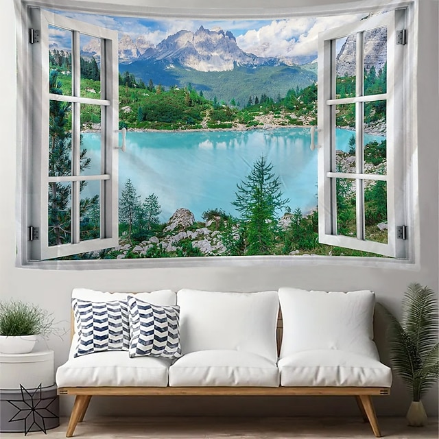 Nature Landscape Tapestry Fake Window View Mountain Lake Wall Hanging ...