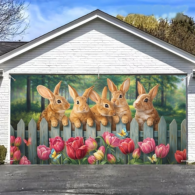 Easter Bunny Garage Cover, Adorable Bunnies Peeking Over Picket Fence ...