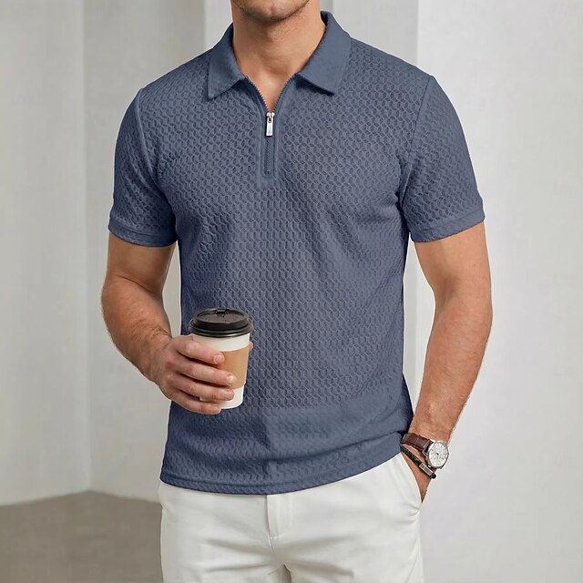 Men's Zip Polo Golf Polos Shirts Casual Work Lapel Ribbed Polo Collar ...