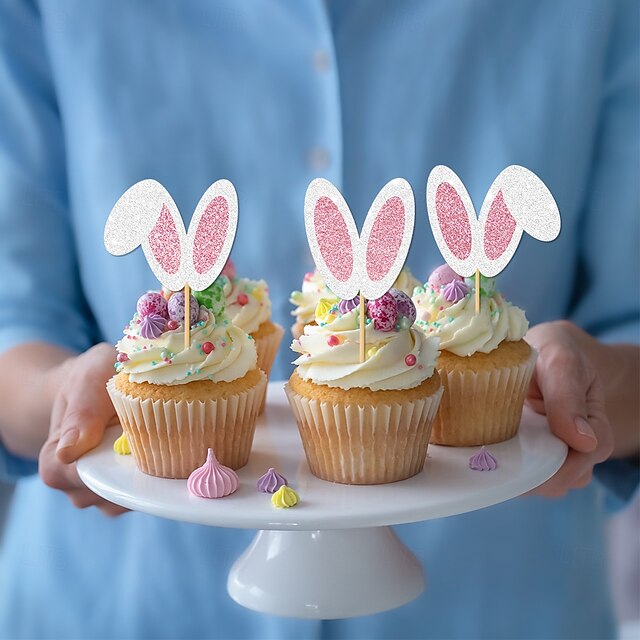 Easter Bunny Cupcake Toppers, 36 Pack (3 Sets of 12), Glitter Bunny Ear Cake Picks for Easter ...