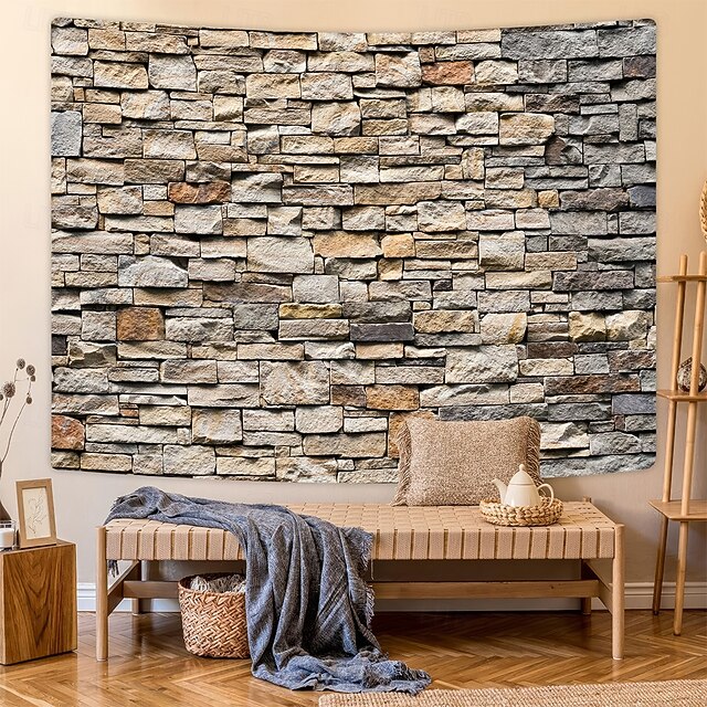 Stone Wall Tapestry 3D Faux Brick Wall Hanging Rustic Stacked Rock ...