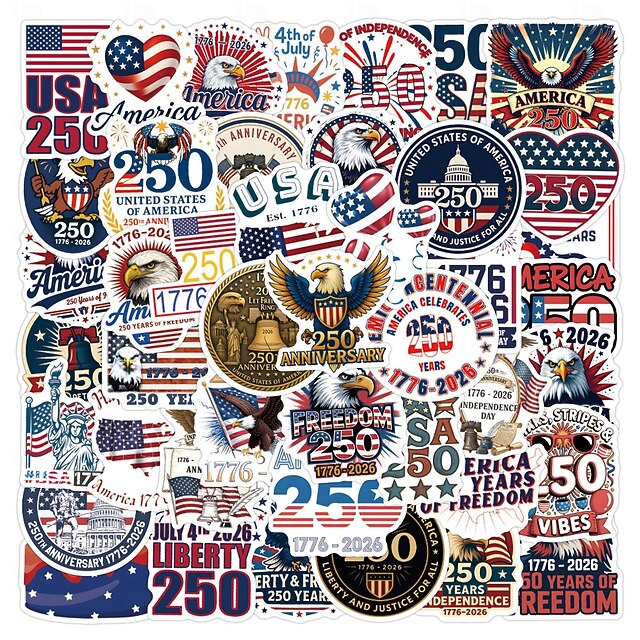 55Pcs Patriotic Stickers 250th Anniversary Celebration Vinyl Waterproof ...