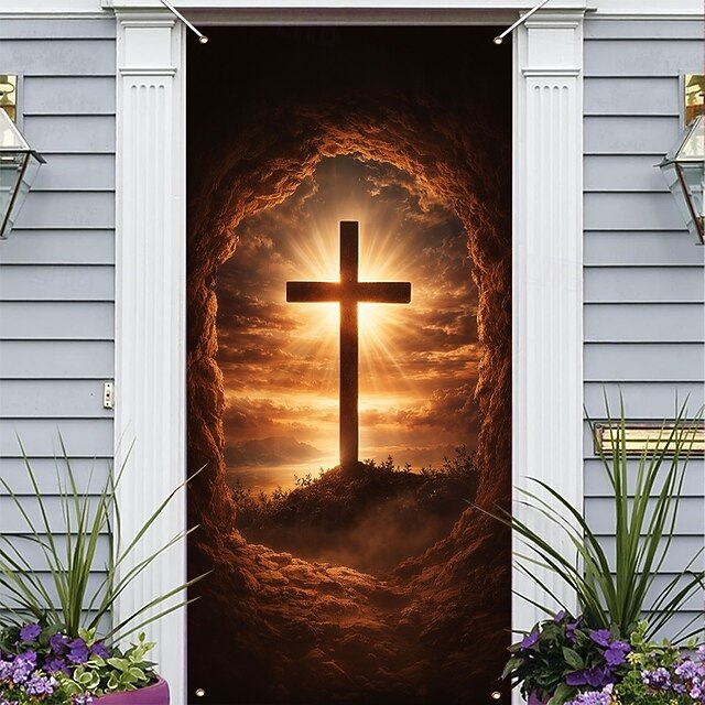 Easter Door Cover with Majestic Cross at Sunrise in Tomb Cave ...