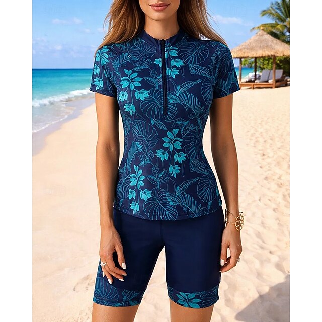 Women's Rash Guard Bathing Suit 2 Pieces Printed Mid-Thigh Leg UV ...