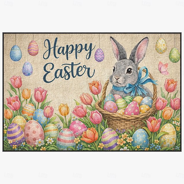Easter Doormat Happy Easter Greeting with Bunny in Basket of Eggs and ...