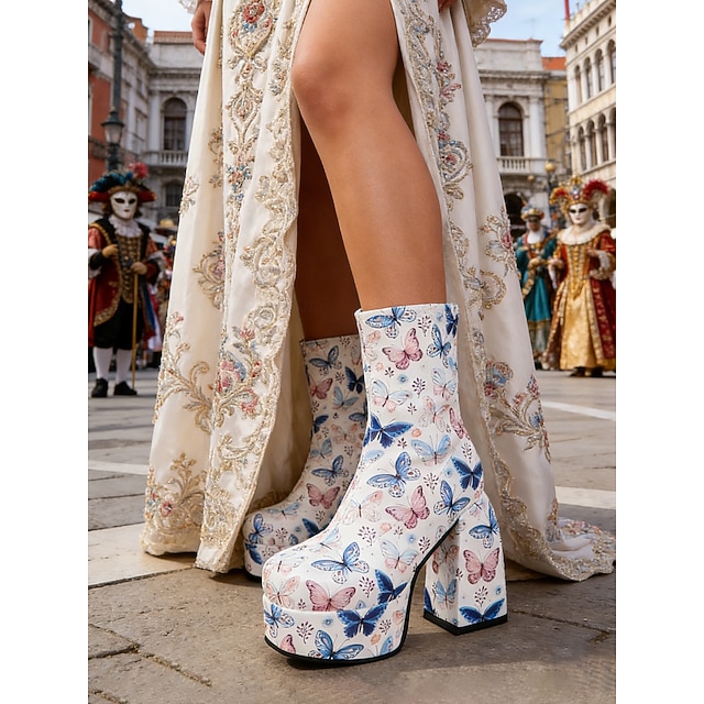 Women's Mardi Gras White Butterfly Print Platform Ankle Boots, Chunky ...